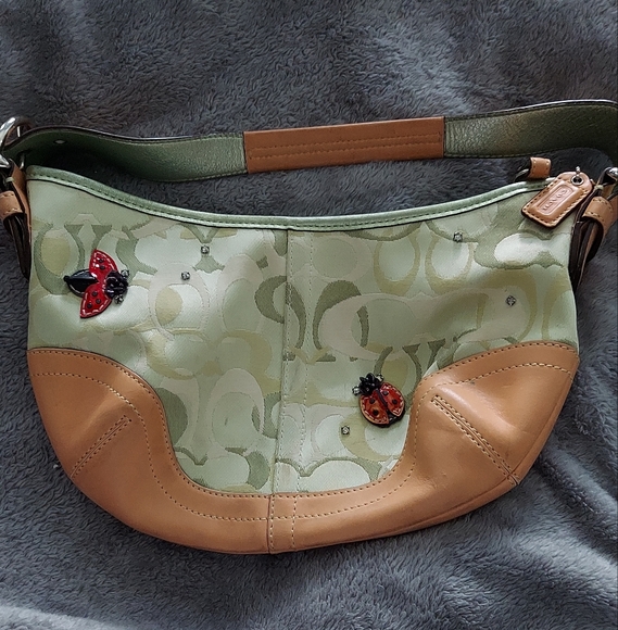 Coach | Bags | Coach Green And Tan Shoulder Bag Crescent Shape With ...